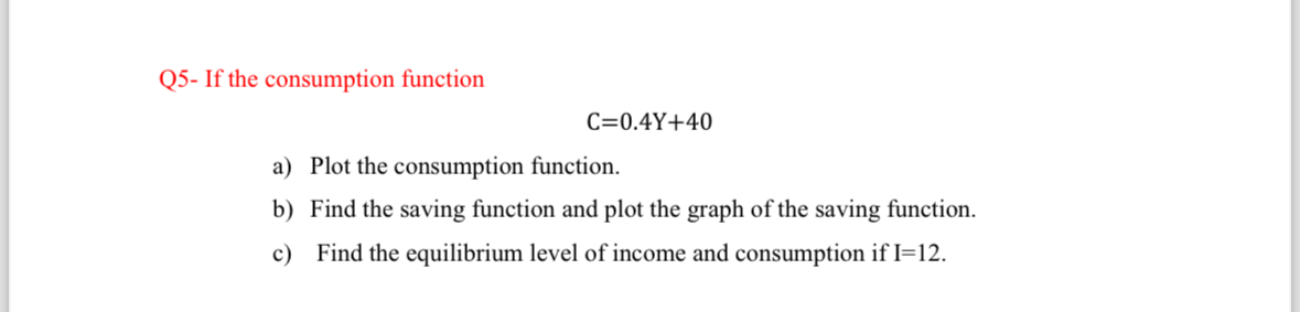Solved Q5- ﻿If the consumption functionC=0.4Y+40a) ﻿Plot the | Chegg.com