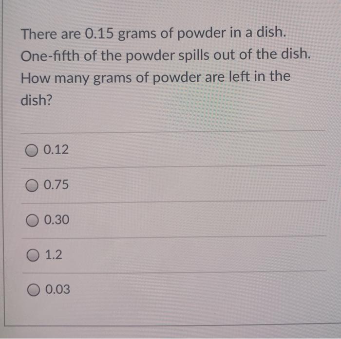 Solved There are 0.15 grams of powder in a dish. One-fifth | Chegg.com