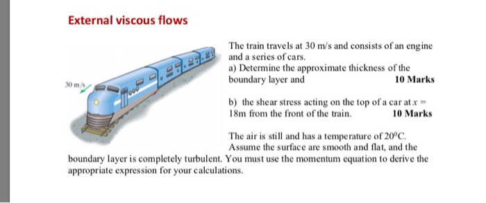 Solved External viscous flows The train travels at 30 m/s | Chegg.com