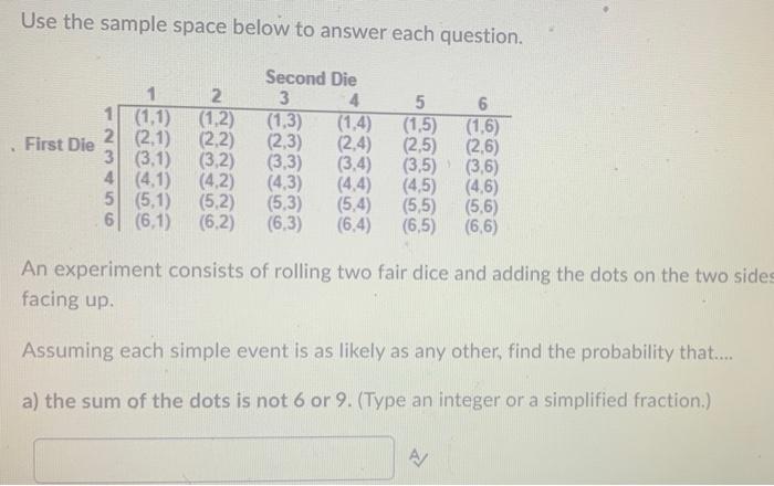 Solved Use the sample space below to answer each question. | Chegg.com
