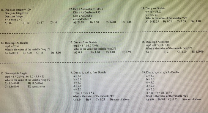 Solved 11. Dim As Integer - 100 Dimy As Integer - 6 Dim As | Chegg.com