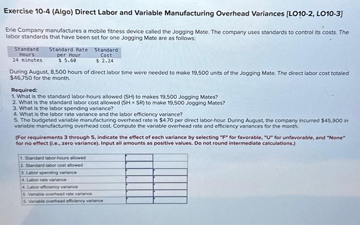 Solved Exercise 10-4 (Algo) Direct Labor and Variable | Chegg.com