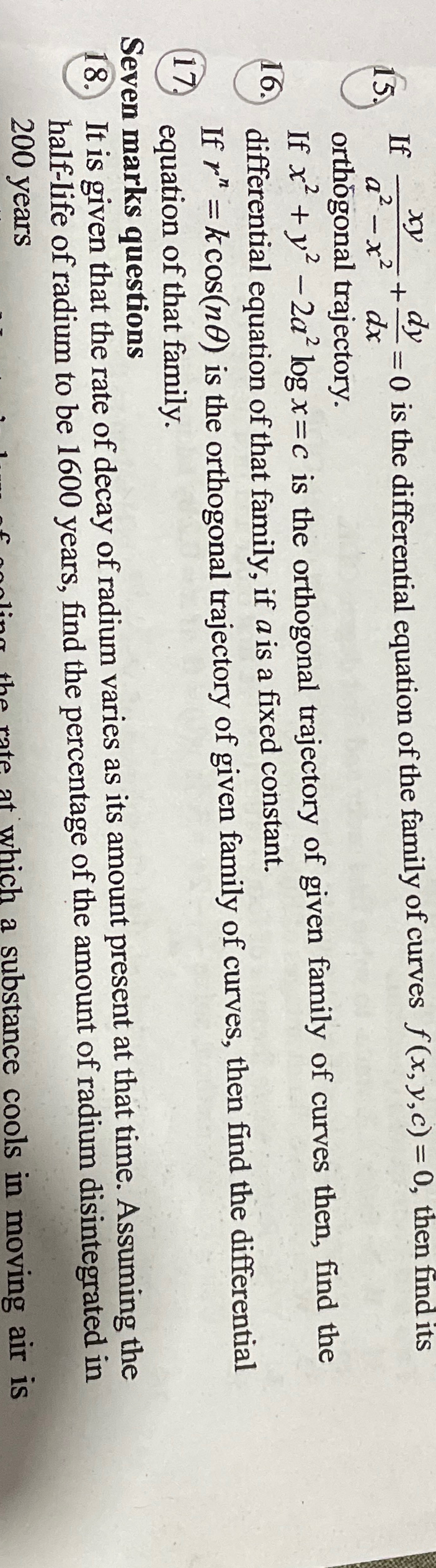 Solved If xya2-x2+dydx=0 ﻿is the differential equation of | Chegg.com