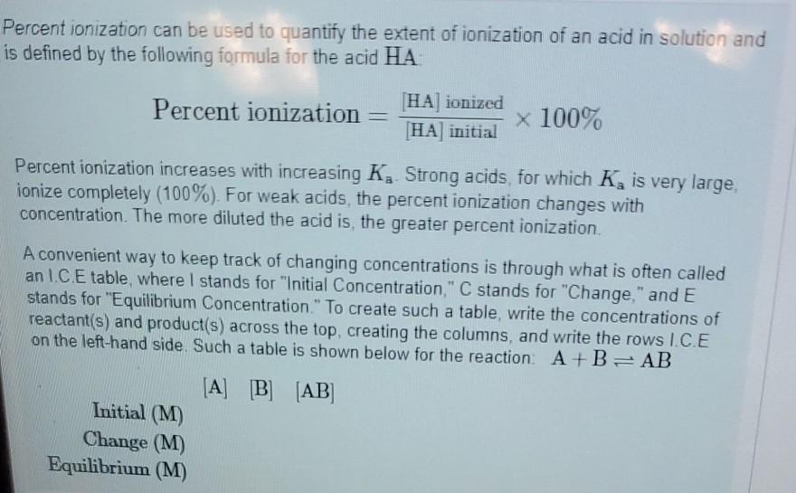 Solved Percent ionization can be used to quantify the extent | Chegg.com