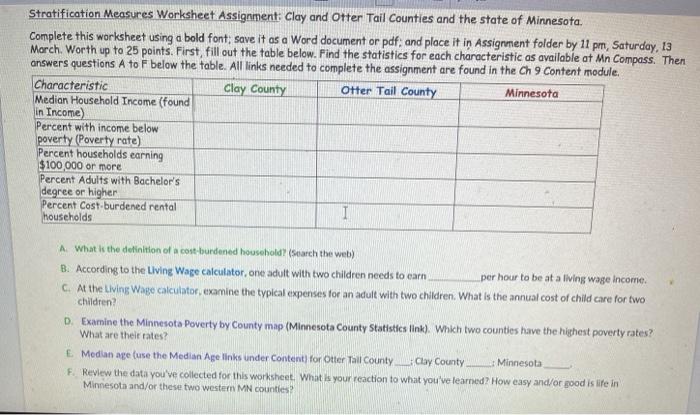 Stratification Measures Worksheet Assignment: Clay | Chegg.com