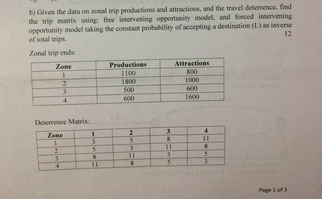 Solved Given the data on zonal trip productions and | Chegg.com