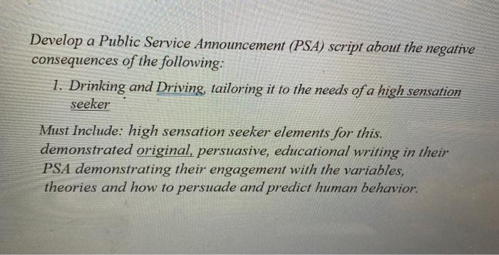 Solved Develop a Public Service Announcement (PSA) script | Chegg.com