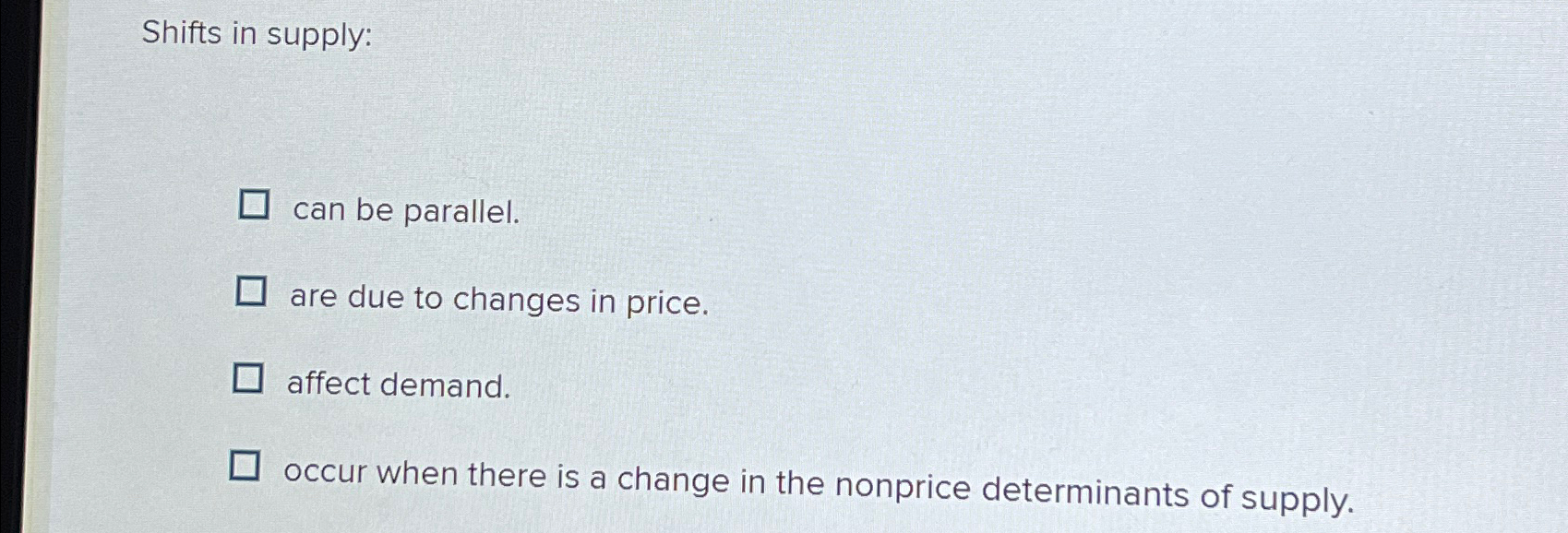Solved Shifts in supply:can be parallel.are due to changes | Chegg.com