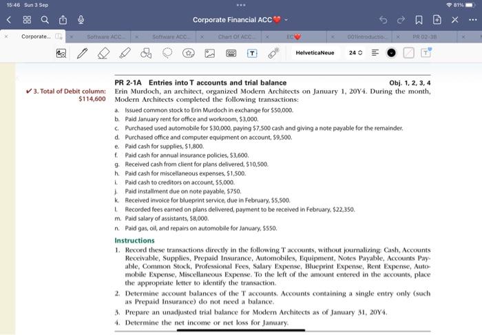 Solved PR 2-1A Entries into T accounts and trial balance | Chegg.com