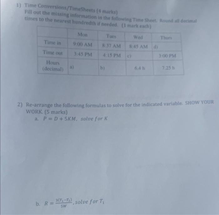 Solved 1) Time Conversions/TimeSheets ( 4 marks) 2) | Chegg.com