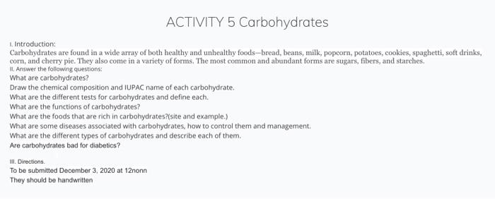 Solved ACTIVITY 5 Carbohydrates 1. Introduction: | Chegg.com