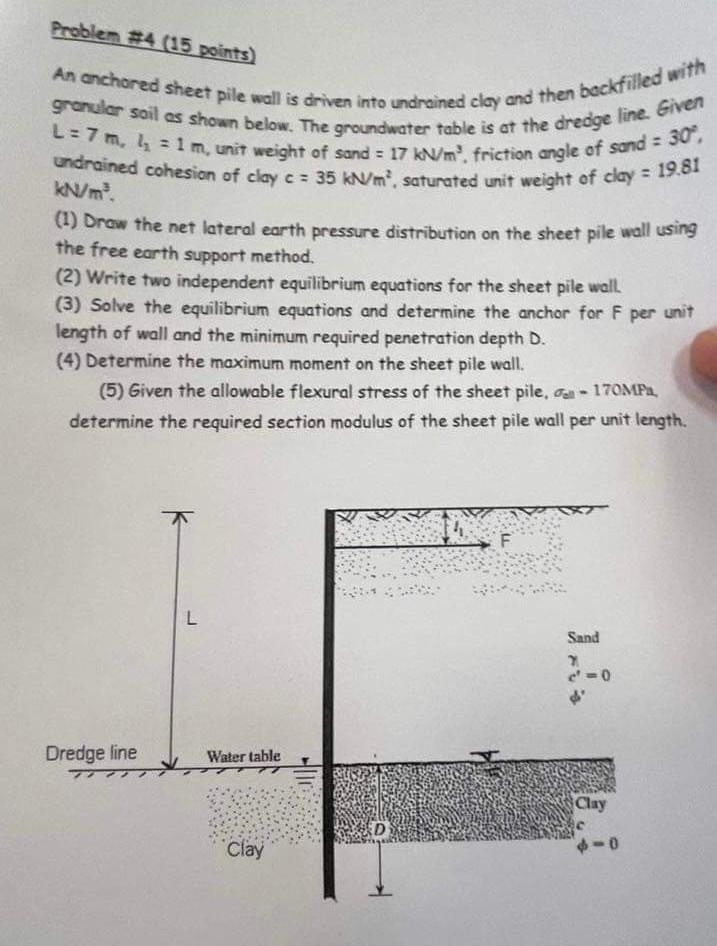 Solved Problem =4 (15 points) An anchored sheet pile wall is | Chegg.com