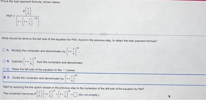 Solved Prove the loan payment formula, shown below. P n PMT= | Chegg.com