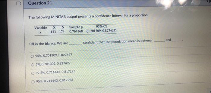 Solved The following MINITAB output presents a confidence | Chegg.com