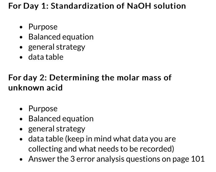 Solved For Day 1: Standardization of NaOH solution - Purpose | Chegg.com