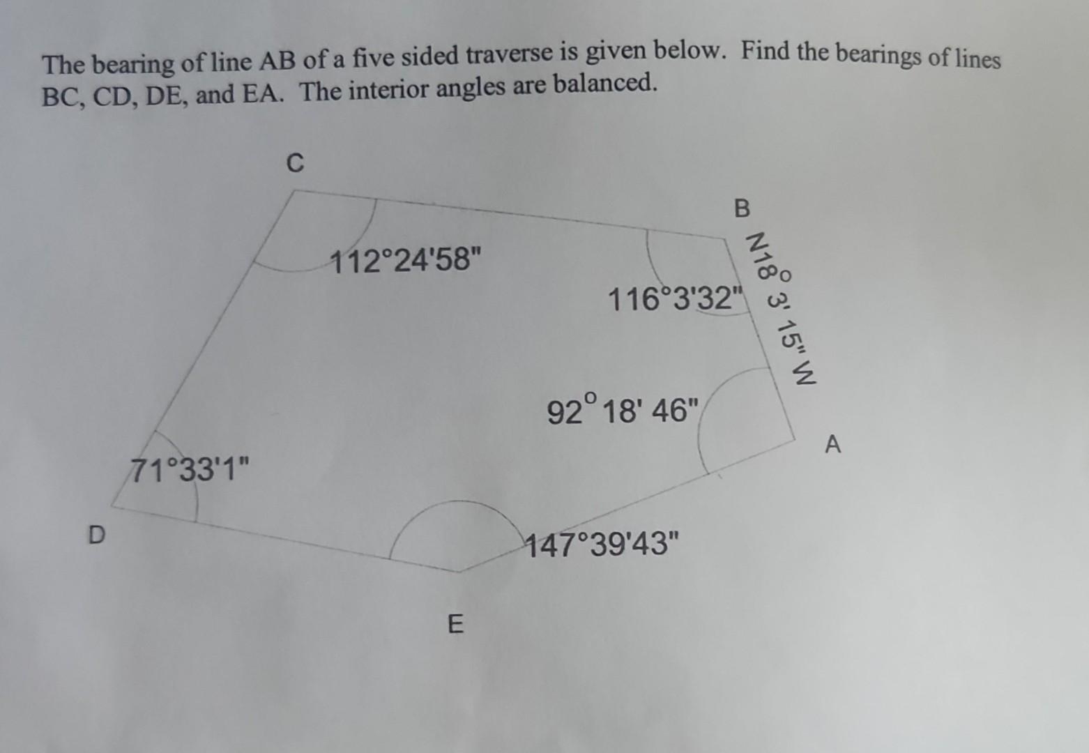 Solved The bearing of line AB of a five sided traverse is | Chegg.com