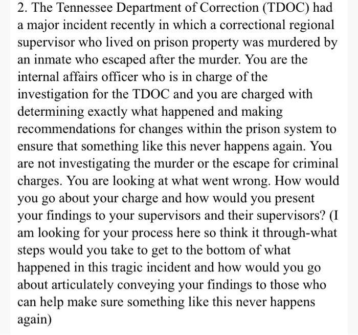 2. The Tennessee Department of Correction (TDOC) had | Chegg.com