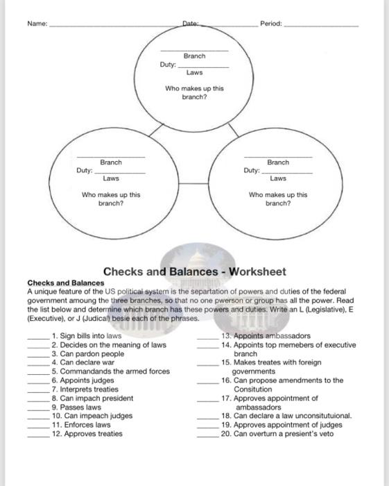 Checks and Balances - Worksheet Checks and Balances A | Chegg.com
