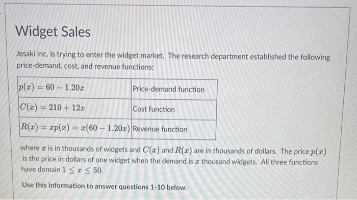 Solved Jesaki Inc. is trying to enter the widget market. The | Chegg.com