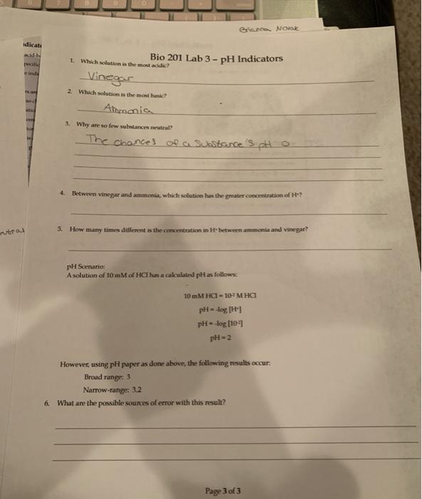 Solved Bio 201 Lab 3 - pH Indicators ang pH papers. The | Chegg.com