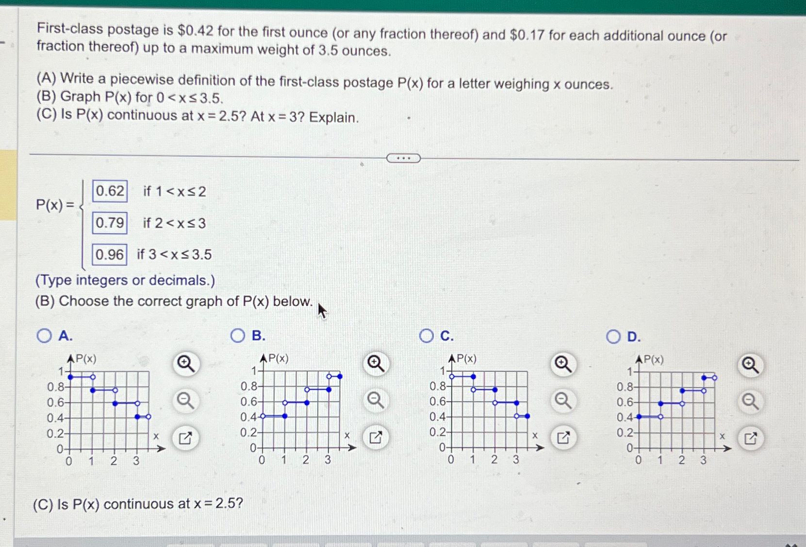 Solved First-class postage is $0.42 ﻿for the first ounce (or | Chegg.com