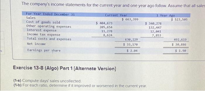 Solved Required information Exercise 13-8 (Algo) Analyzing | Chegg.com