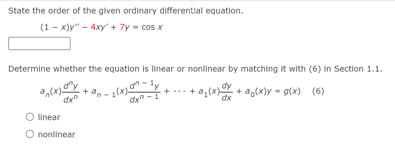 Solved State the order of ﻿the given ordinary differential | Chegg.com