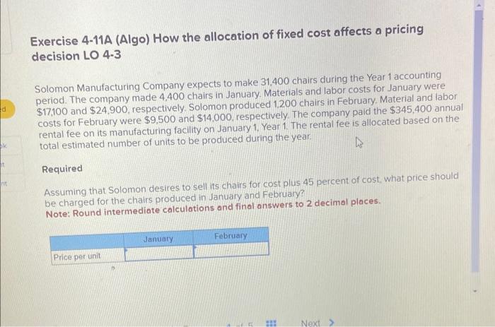 Solved Exercise 4-11A (Algo) How the allocation of fixed | Chegg.com