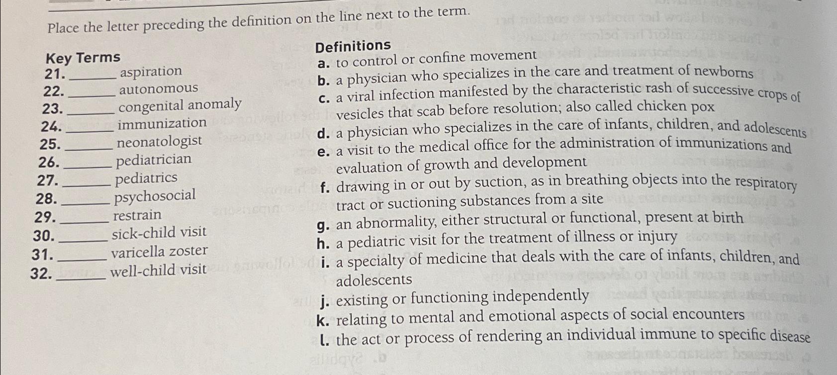 Solved Place the letter preceding the definition on the line | Chegg.com