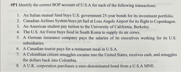 Solved #P1 Identify the correct BOP account of U.S.A for | Chegg.com