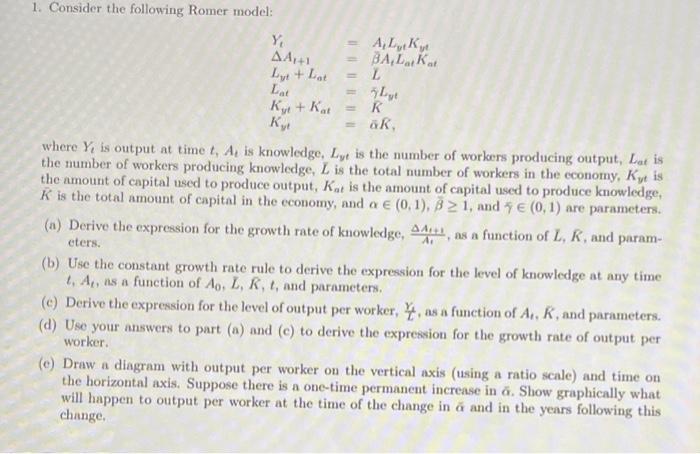 Solved 1. Consider the following Romer model: Yo ΔΑ,41 ALK | Chegg.com