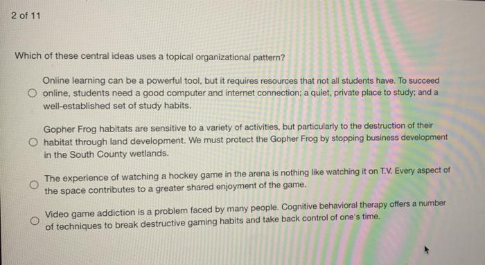 Solved 2 of 11 Which of these central ideas uses a topical | Chegg.com