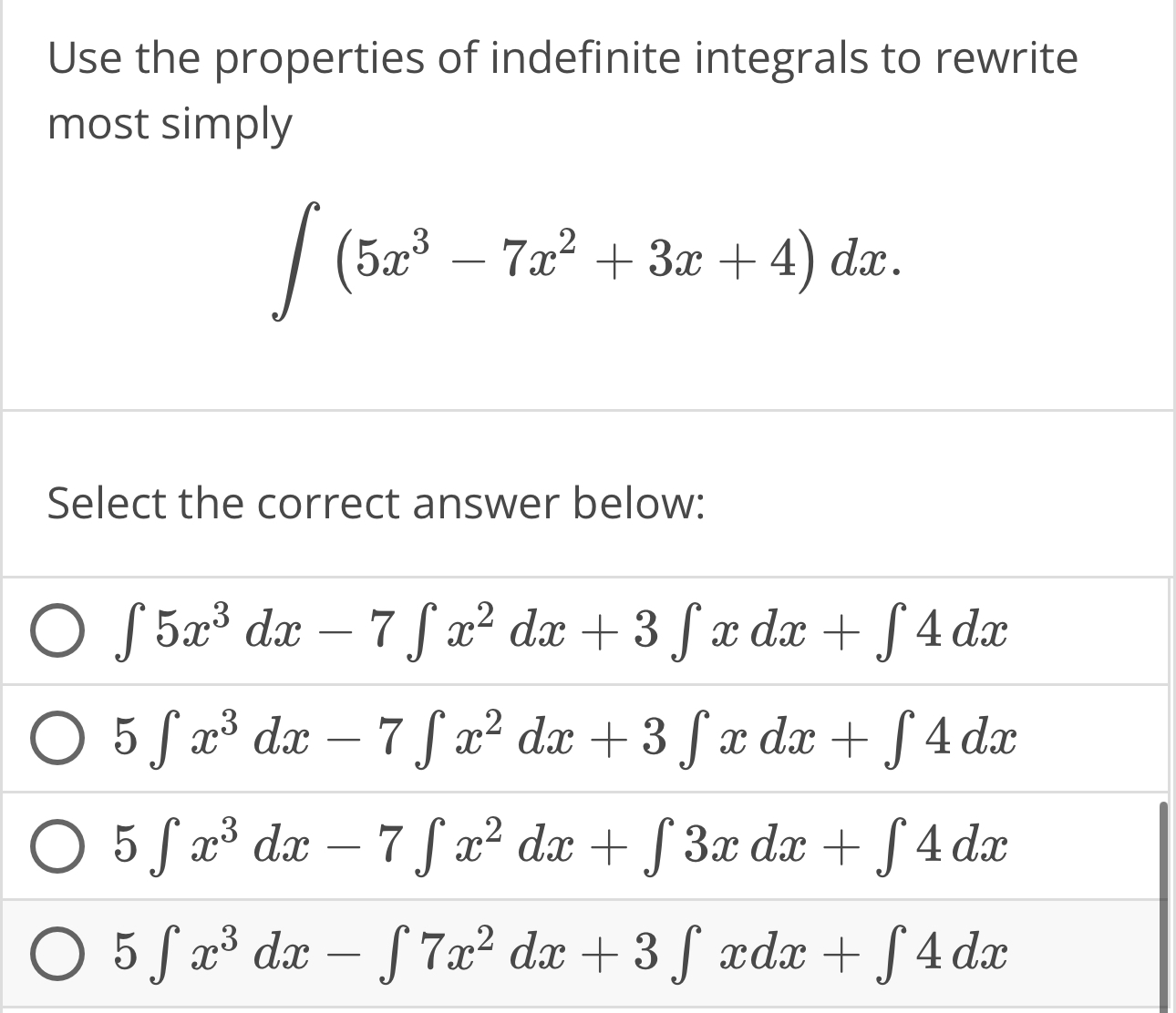 Solved Use the properties of indefinite integrals to rewrite | Chegg.com