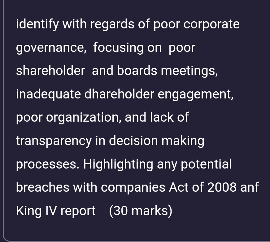 Solved identify with regards of poor corporate governance, | Chegg.com