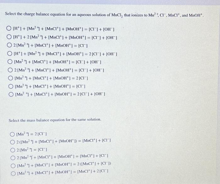 Solved Select the charge balance equation for an aqueous | Chegg.com