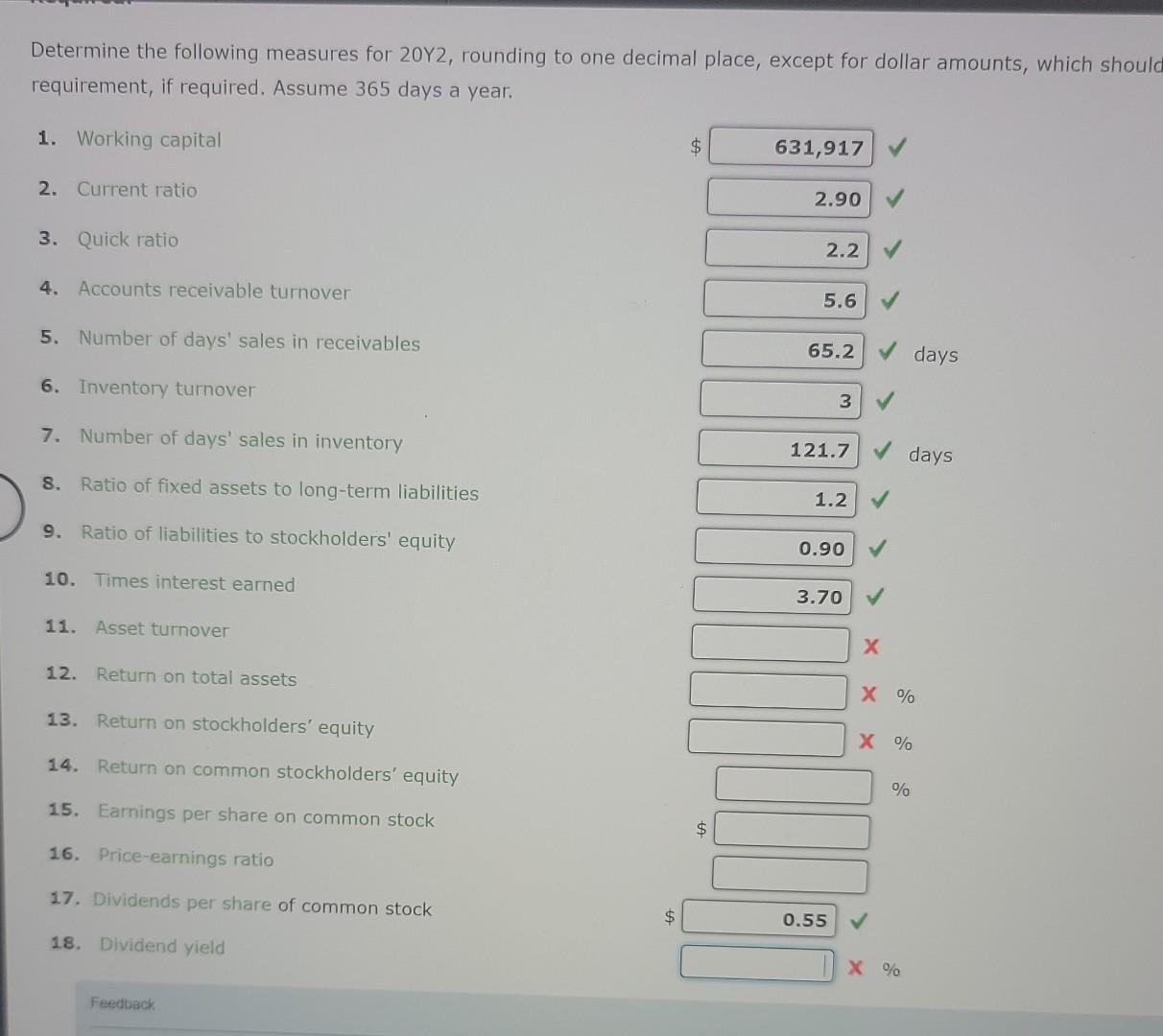 Solved Determine the following measures for 20Y2, rounding | Chegg.com