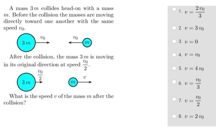 Solved 2 vo 1. v= 3 A mass 3 m collides head-on with a mass | Chegg.com