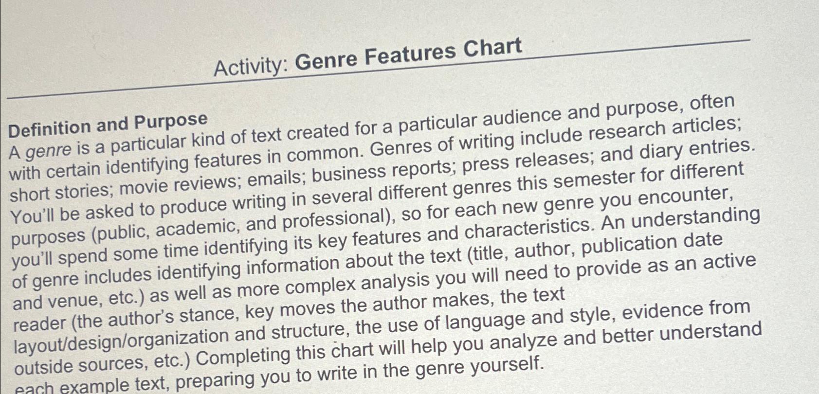 Solved Activity: Genre Features ChartDefinition and PurposeA | Chegg.com