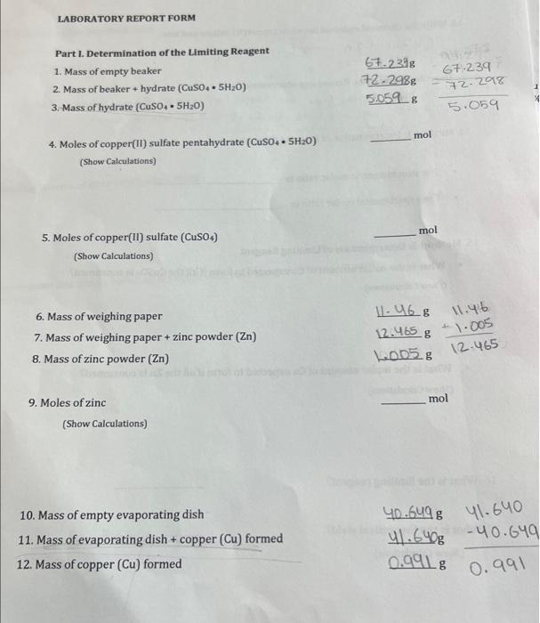 Solved Part L. Determination of the Limiting Reagent 1. Mass | Chegg.com