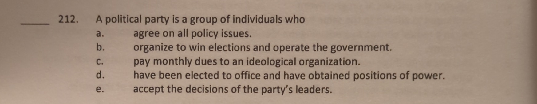 Solved A political party is a group of individuals whoa. | Chegg.com