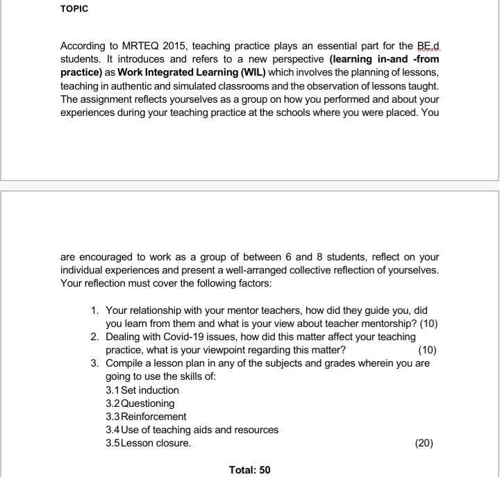 Solved TOPIC According to MRTEQ 2015, teaching practice | Chegg.com