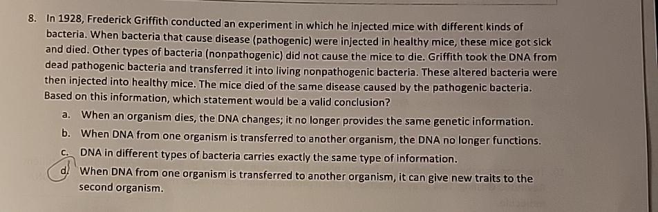 Solved In 1928, ﻿Frederick Griffith conducted an experiment | Chegg.com