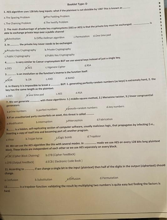 Solved Booklet Type: D 1. AES algorithm uses 128 bits long | Chegg.com
