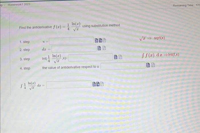 Solved Find the antiderivative f(x)=41xln(x) using | Chegg.com