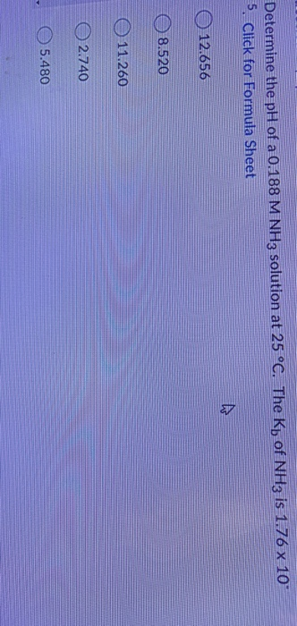 Solved Determine the pH of a 0.188 M NH3 solution at 25 °C. | Chegg.com
