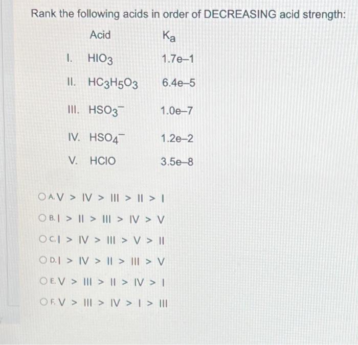 Solved Rank the following acids in order of DECREASING acid | Chegg.com