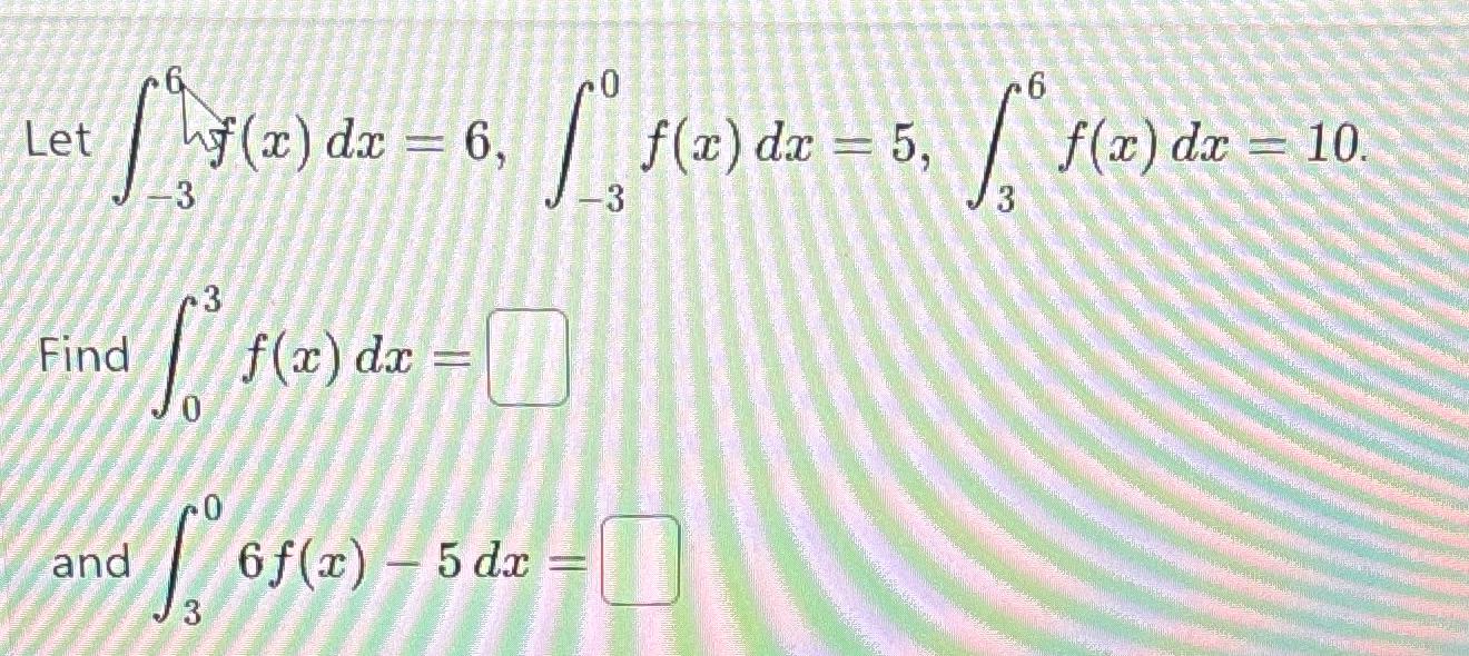Solved Let ∫-36hat(f)(x)dx=6,∫-30f(x)dx=5,∫36f(x)dx=10.Find | Chegg.com