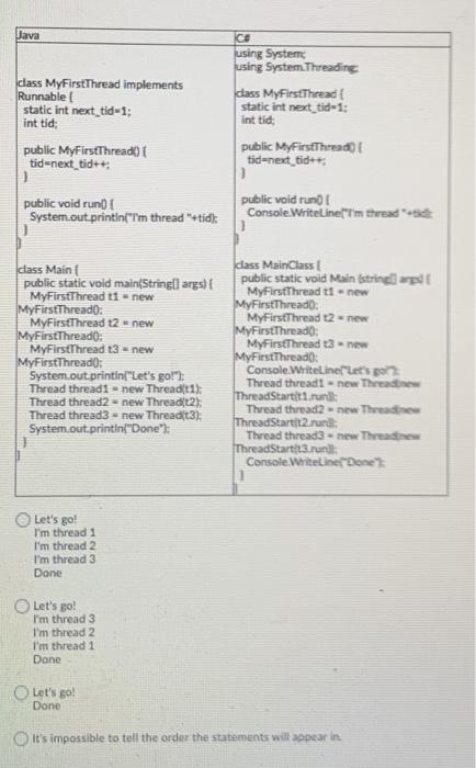 Solved Java class MyFirstThread implements Runnable static | Chegg.com