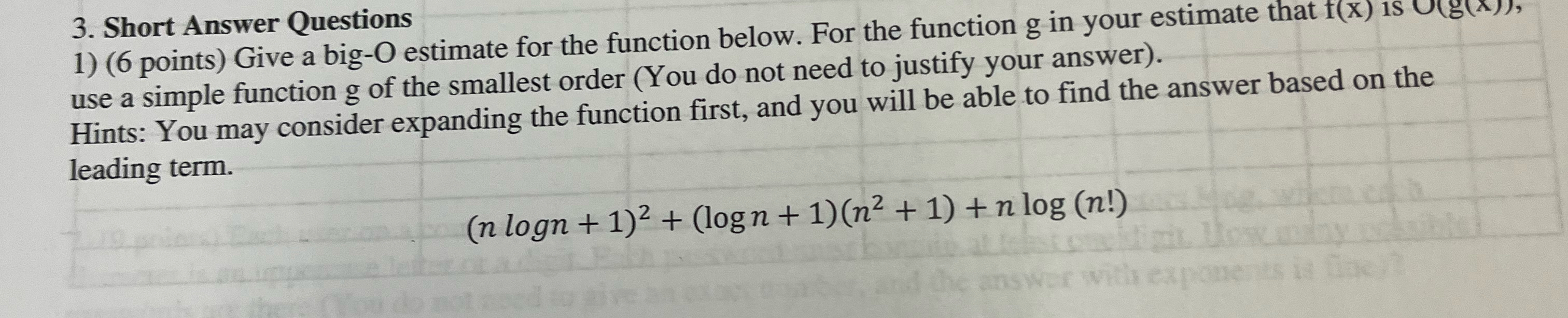 Solved Short Answer Questions( 6 ﻿points) ﻿Give a big-O | Chegg.com