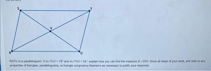 Solved R RSTU is a parallelogram. If & TUV = 78 and mzTVU = | Chegg.com